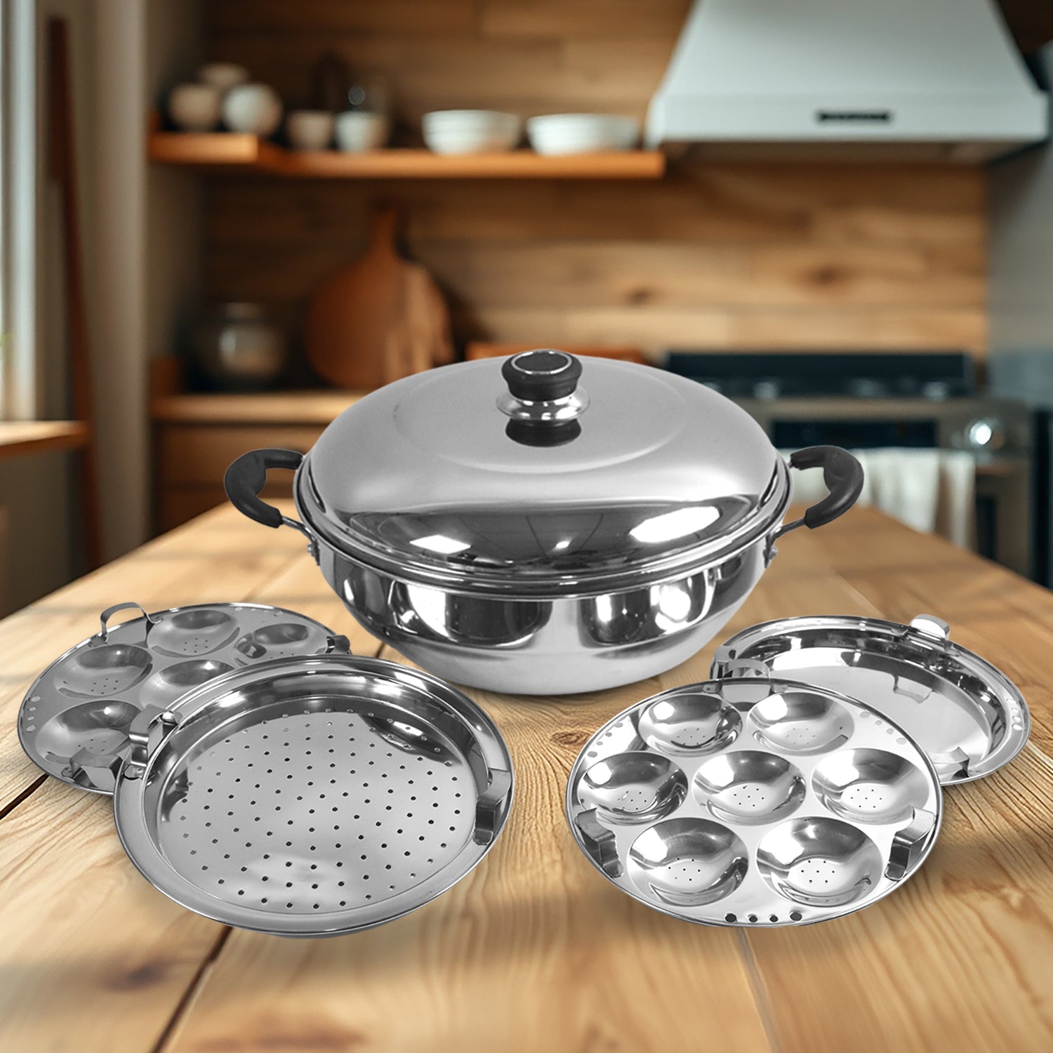 Stainless Steel Multi Kadai with 4 Plates in 1, 2 idli plates, 1 dhokl ...