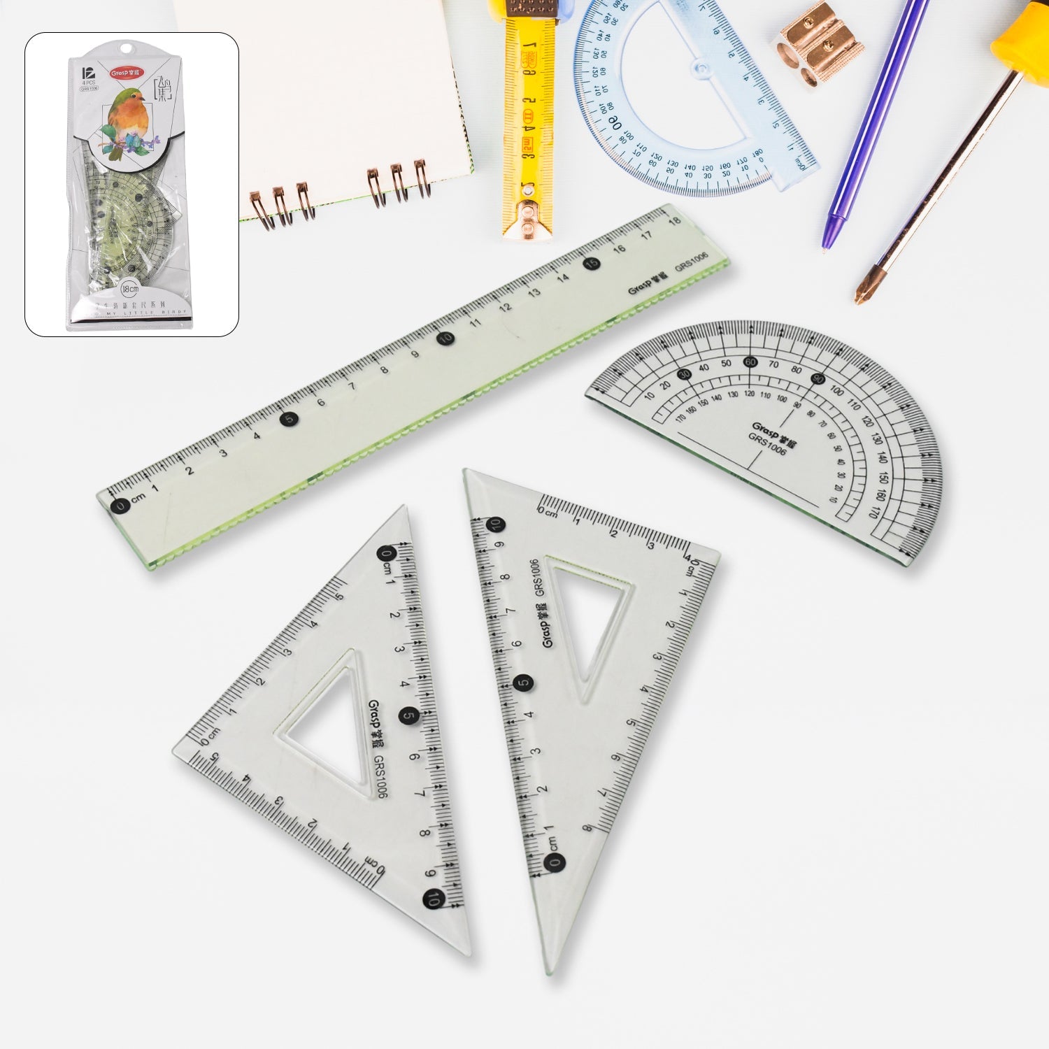 School Supplies 4-Piece Math - Clear Plastic Ruler, Protractor ...